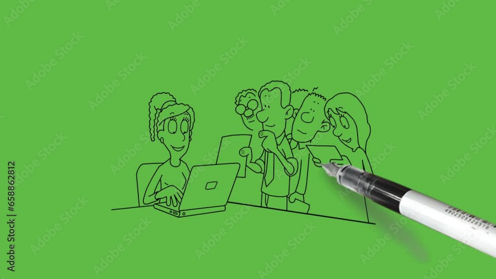 draw young girl sit on chair work on computer and young people stand ...