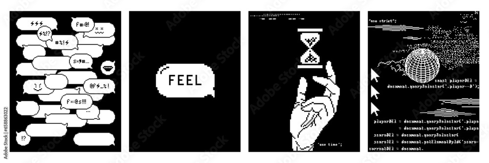 Set of retro poster with pixel element, dialogue box, code, script ...