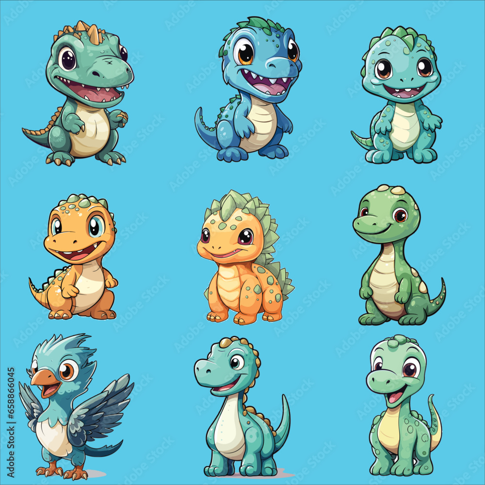 Set Of Cartoon-style illustration features an adorable chubby dinosaur ...