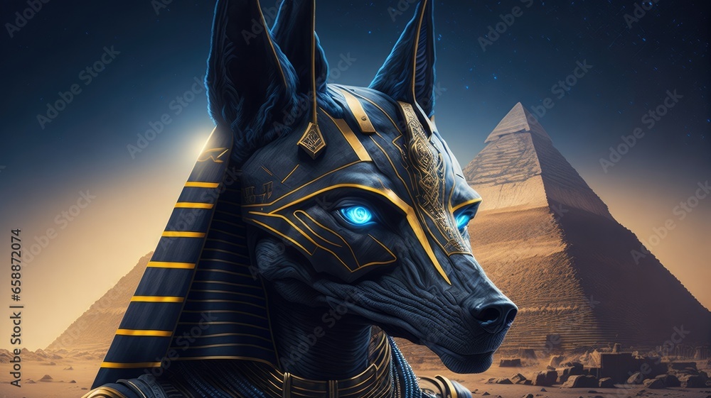 Scifi background full face Portrait Anubis god. great pyramid, night ...