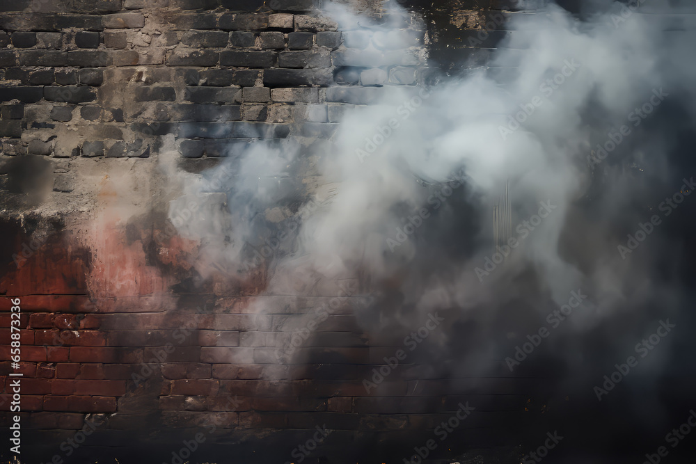 Burned brick wall background with soot and smoke, exterior wall surface ...