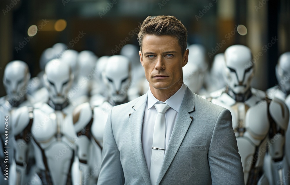 Controlling a group of people is a white cyborg against a hazy ...
