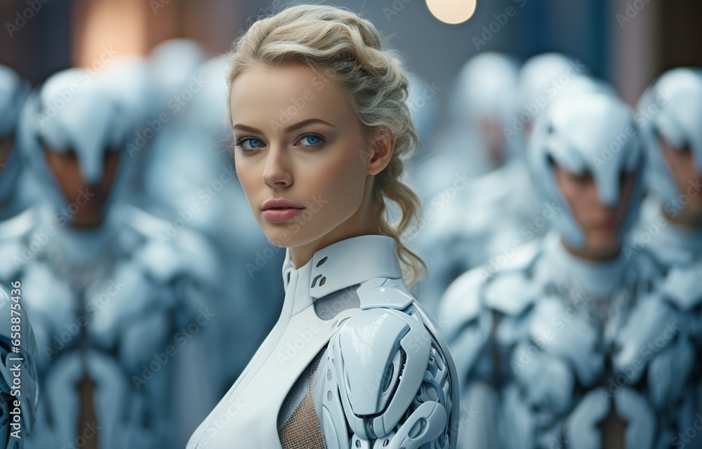 Controlling a group of people is a white cyborg against a hazy ...
