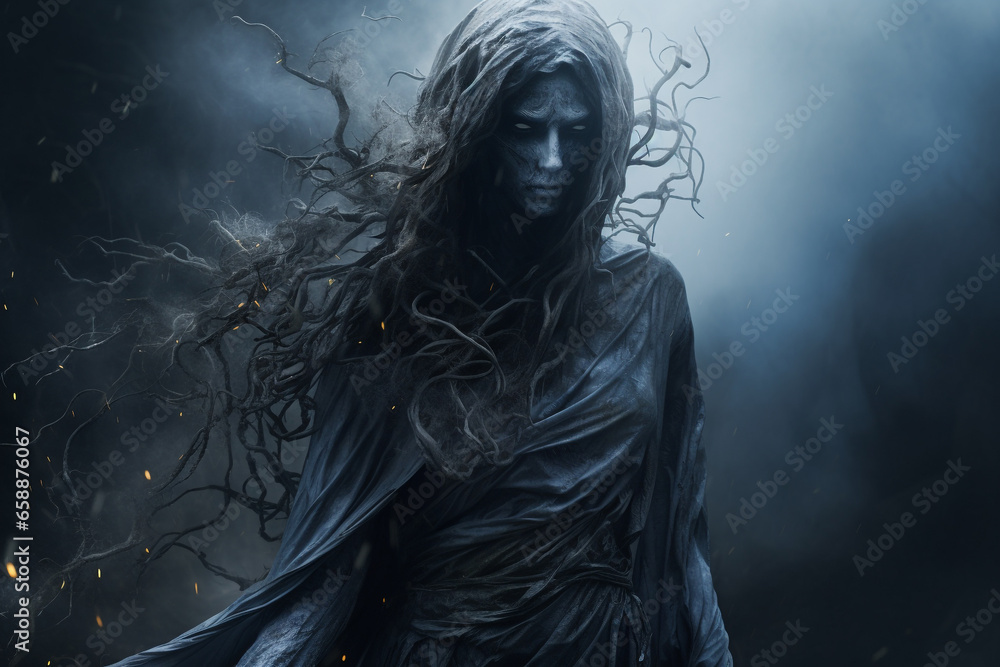 States of mind, horror, sci-fi concept. Female forest creature, wraith ...