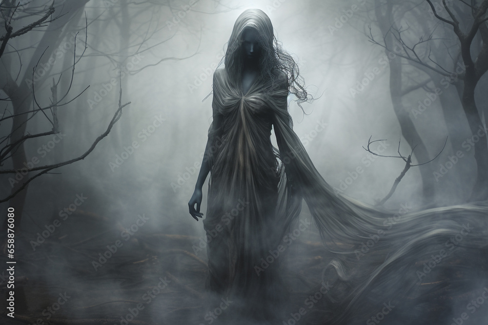 States of mind, horror, sci-fi concept. Female forest creature, wraith ...