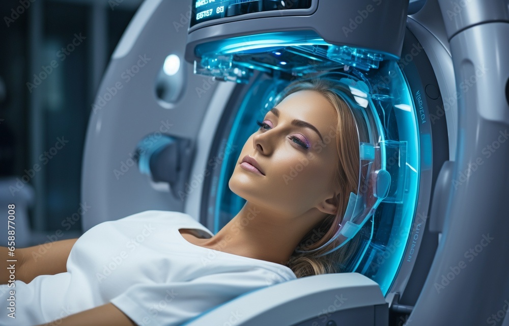 Medium Shot of a Female Patient Lying on an MRI or CT Scan, with the ...