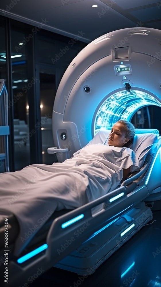 Medium Shot of a Female Patient Lying on an MRI or CT Scan, with the ...