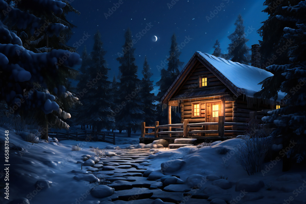 Idyllic log cabin in the forest in the evening, winter scene Stock ...
