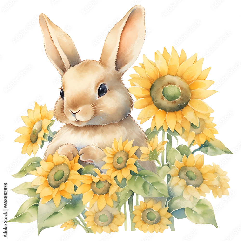 Cute Bunny with Sunflowers Watercolor Clipart, Pastel Sunflower Art ...