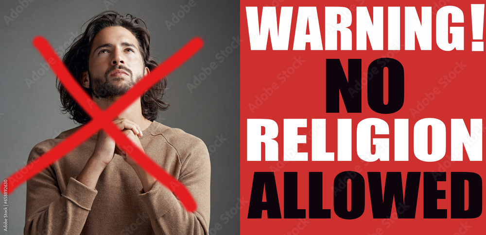 Photo Ban, prejudice or censorship of freedom in religion with a man ...