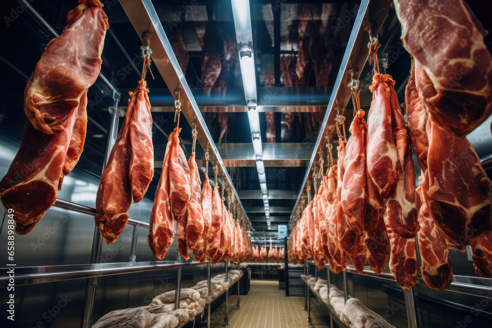 Foto de Meat processing plant. Hanging meat in the production hall. The ...