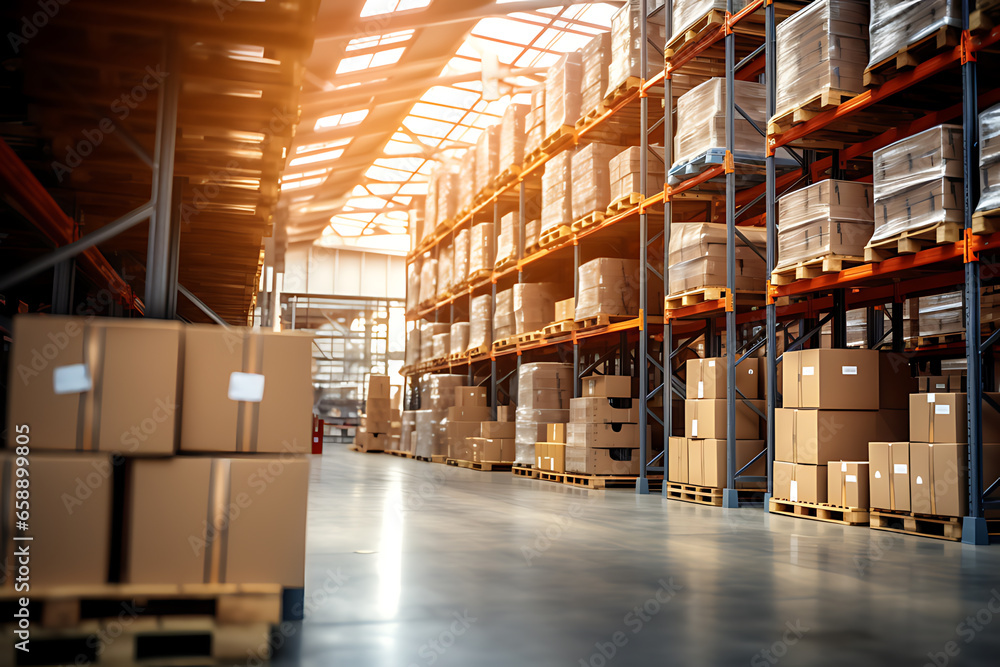 Logistics company, warehouse, cardboard boxes and shelves with parcels ...