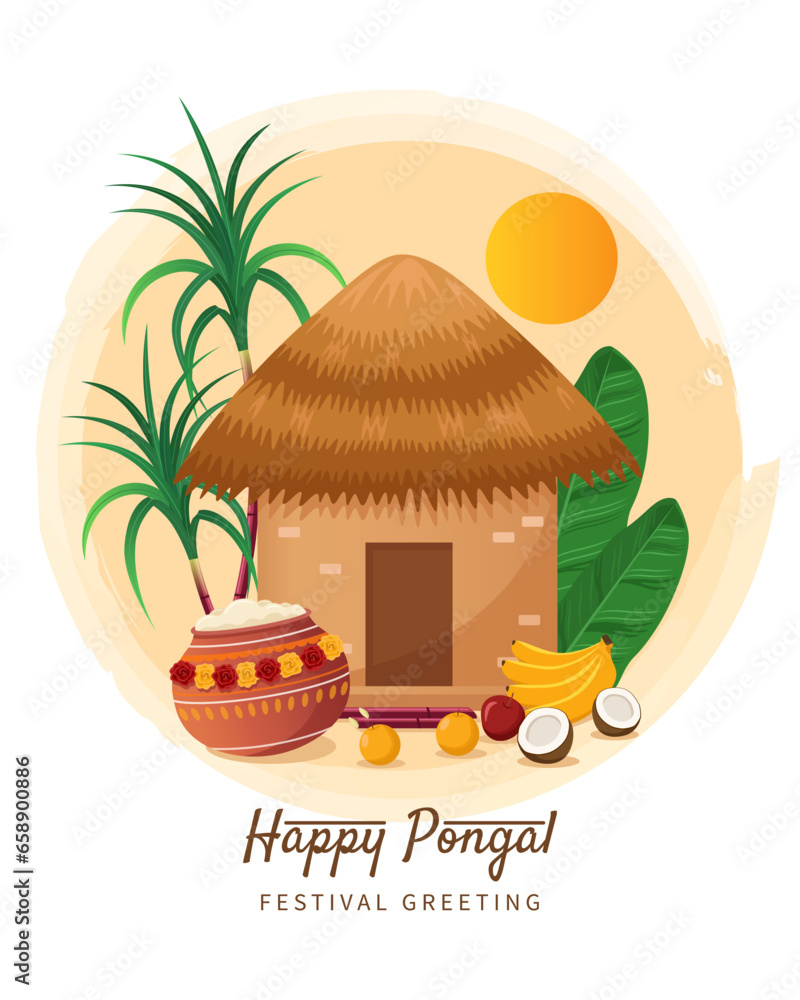 Happy pongal background with traditional Tamil Nadu farm house. Stock ...