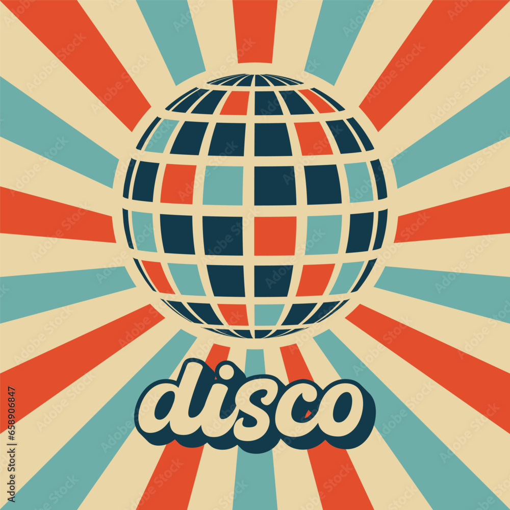 Retro groovy disco ball in trendy vintage colors with sunburst ... Retro groovy disco ball in trendy vintage colors with sunburst ...