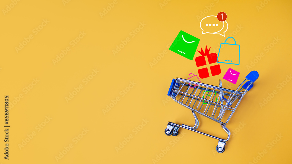 Shopping cart on white background with light and shadow. schopping ...