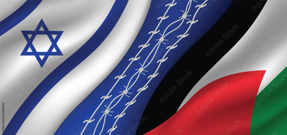 Israel Palestine war vector poster waving flag with border Stock Vector ...