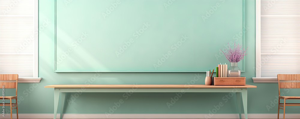 Empty classroom with green chalkboard background. Stock Photo | Adobe Stock