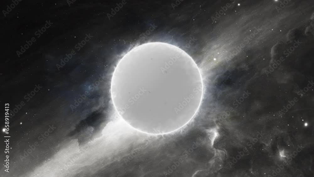 Cinematic flaming white star. High tech burning surface of star in deep ...