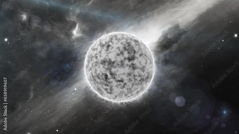 Futuristic flaming white star. Cinematic burning surface of star in ...