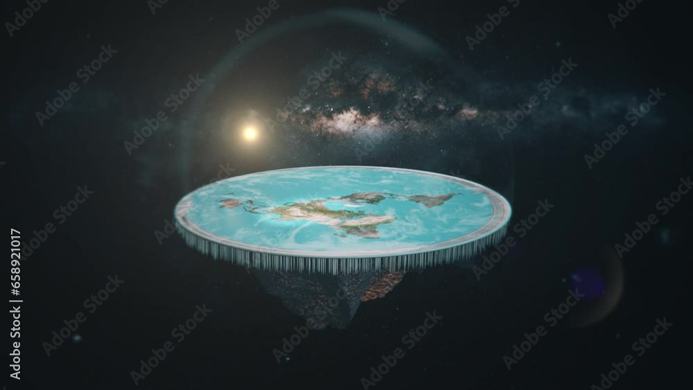 Flat Earth in cosmos. Overview of flat Earth slowly rotating in space ...