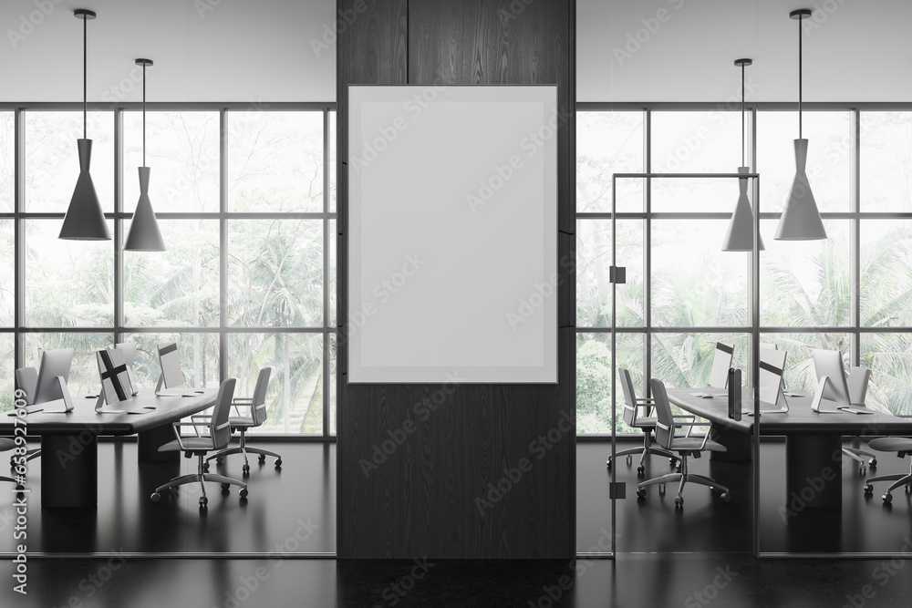 Grey coworking interior with pc computer and panoramic window. Mockup ...