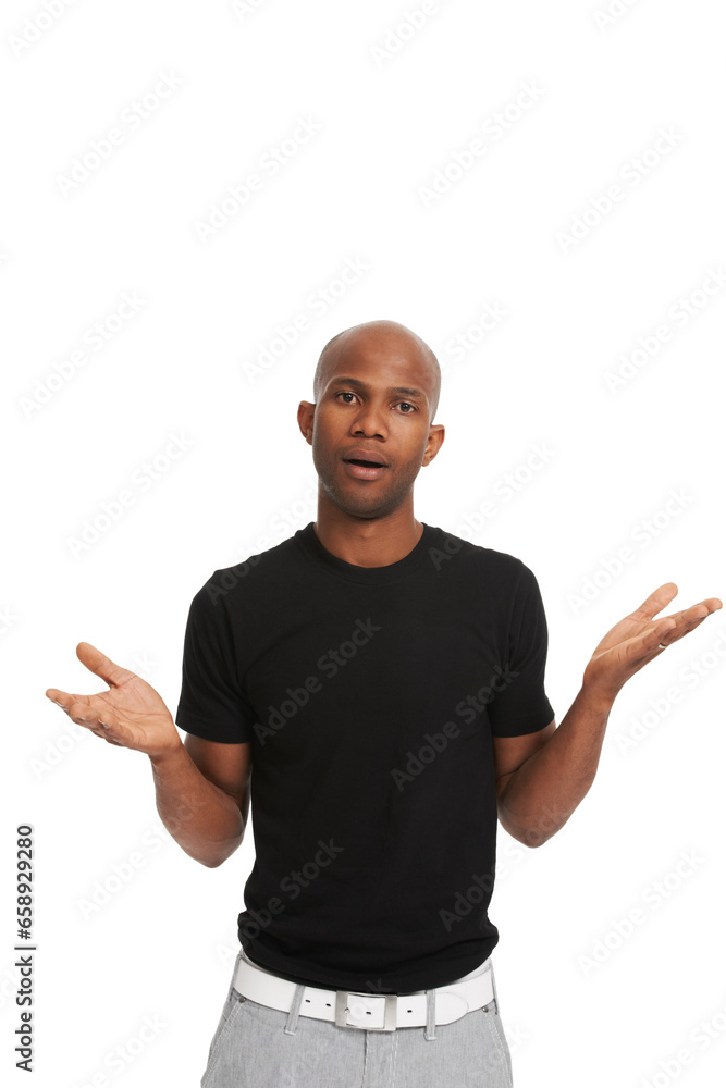 Studio portrait, man and hand gesture in unsure pose for clarity, bald ...