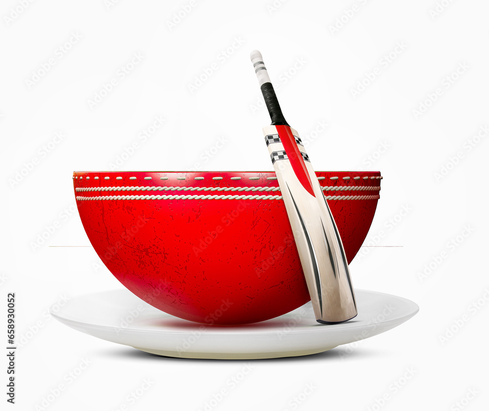 Empty ceramic white plate on cricket ball, Cricket with half cricket ...