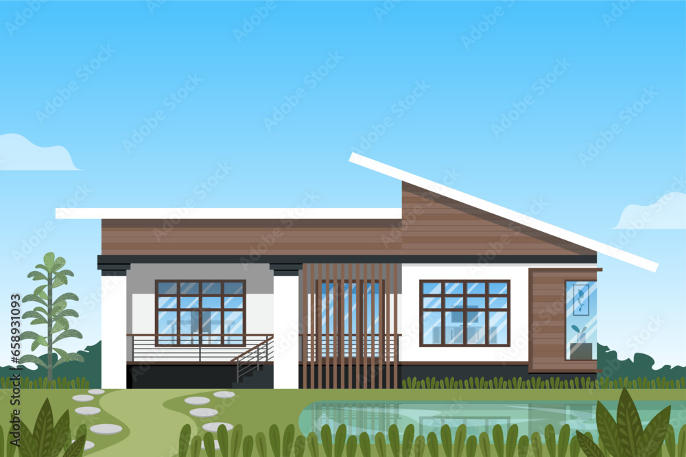 Modern house decorated with brown shera board wall and lean to roof on ...