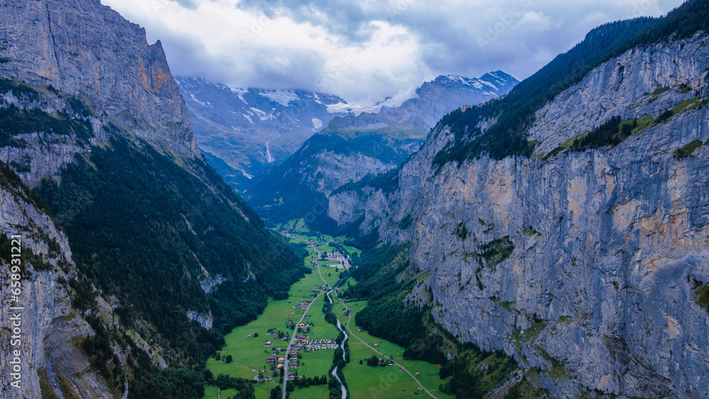 Lauterbrunnen, a picturesque Swiss village nestled in a pristine valley ...