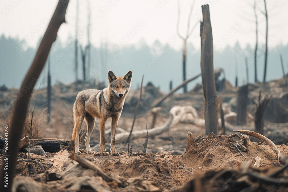Wild animal in a deforested area on wildlife habitats. Animal in the ...