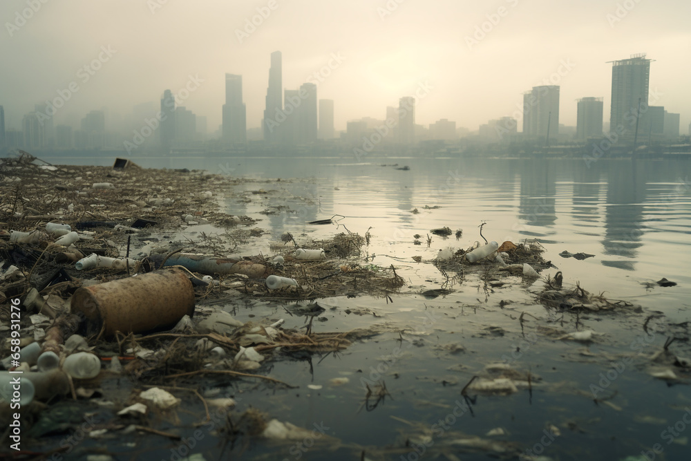 polluted air, water concept. murky waters of a lake, covered with a ...
