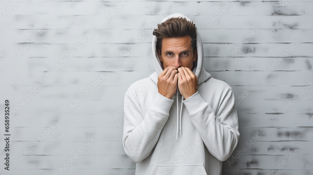 Man thinking, Young skinny white man in front of wall with hand in ...
