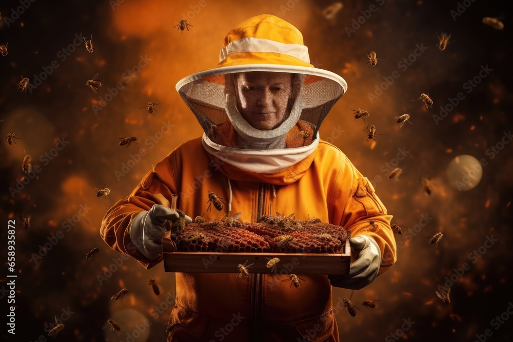 Beekeeper in protective suit holding honeycomb with bees flying around ...