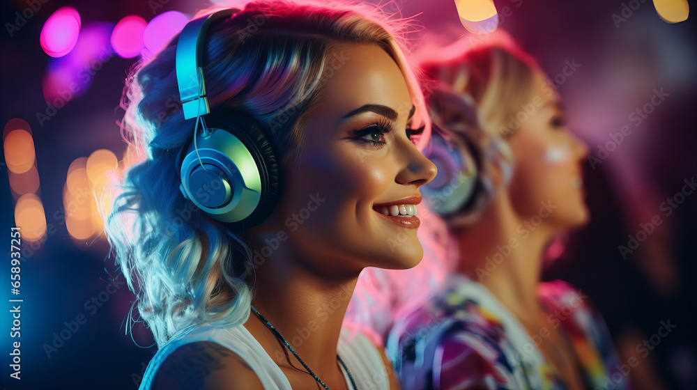 Two DJ girl in Colorful neon light enjoy music, friends. Party disco ...