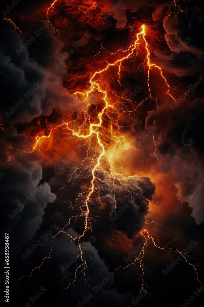 Fiery lightning strikes under stormy hellish skies background with ...