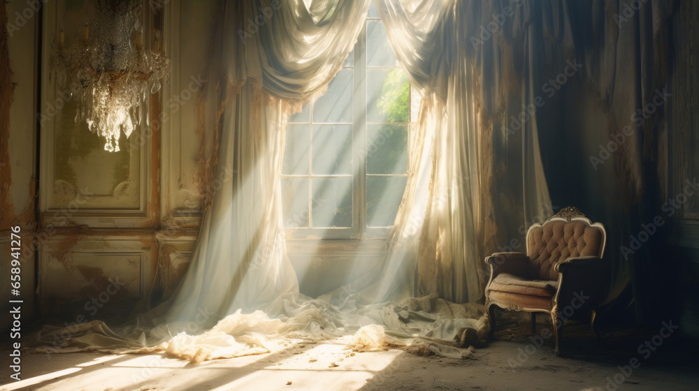 Rococo-inspired staged photograph of an empty room with a sunlit ...