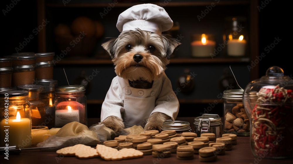 A whimsical photo of a Yorkie in a chef's hat and apron, "cooking" in a ...