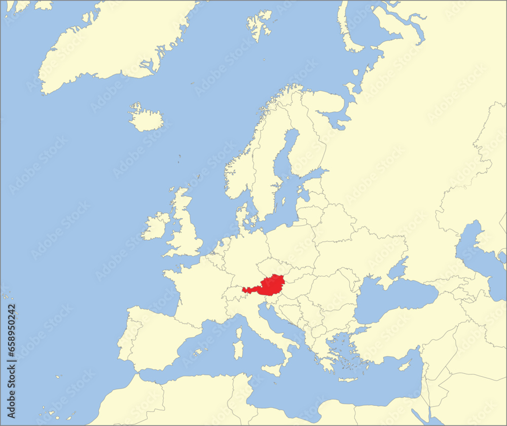 Red CMYK national map of AUSTRIA inside detailed beige blank political ...