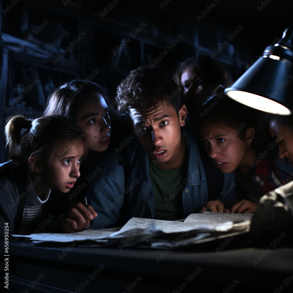 Students huddled together in the darkened classroom, fear etched on ...