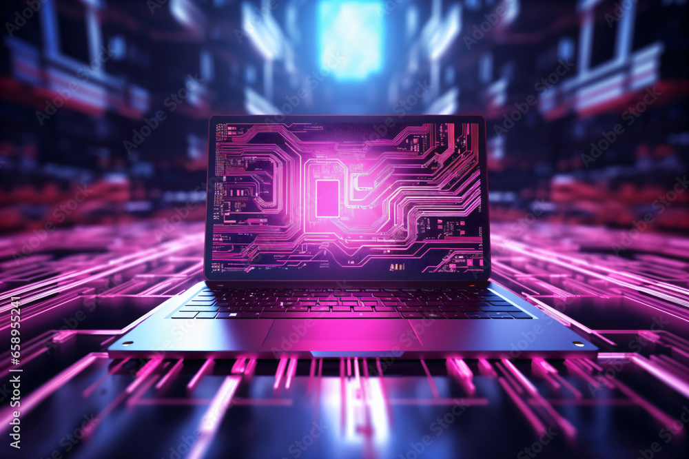Conceptual diagram showing chips and circuits on a laptop, computer ...