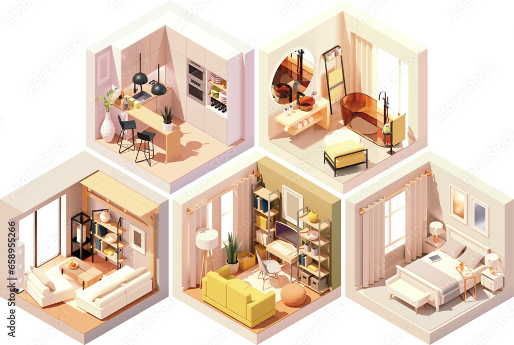 Vector isometric home rooms set. Rooms cross-sections. Bedroom, living ...