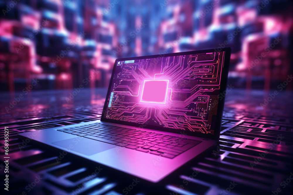 Conceptual diagram showing chips and circuits on a laptop, computer ...