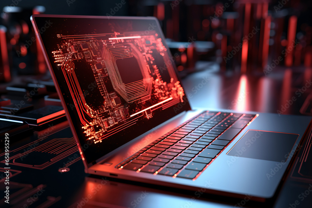 Conceptual diagram showing chips and circuits on a laptop, computer ...