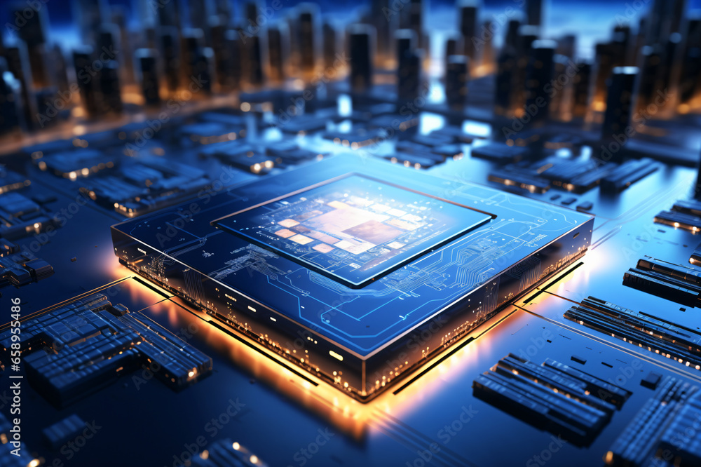 High-tech city concept rendering, close-up of circuit board chip ...