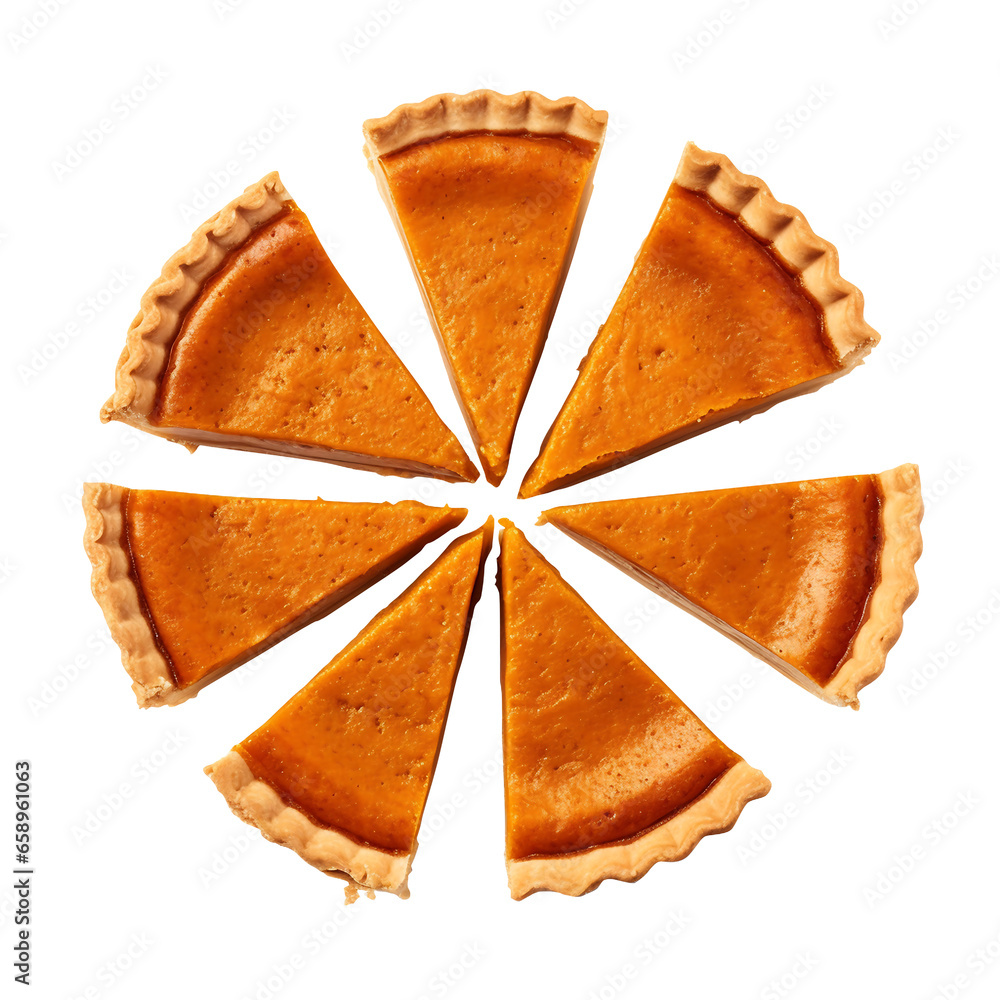 seven slice of traditional homemade pumpkin pie with isolated on white ...