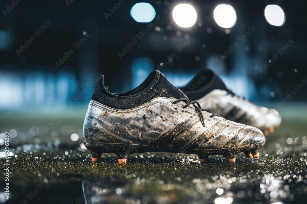 muddy soccer boots and a ball, stadium lights in the background - close ...