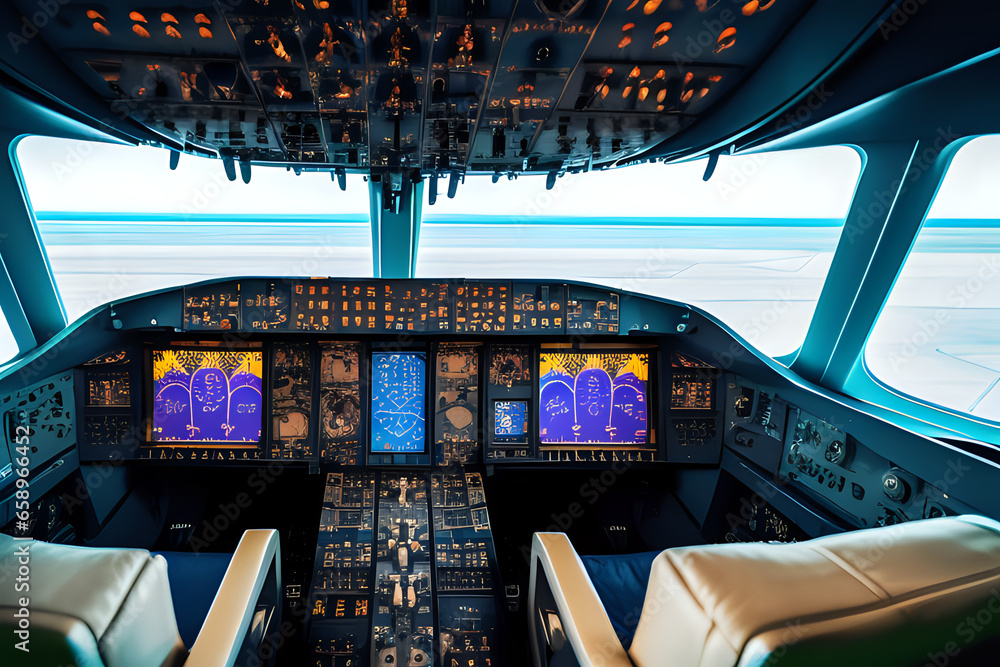 A view of the cockpit of a large commercial airplane a cockpit trainer ...
