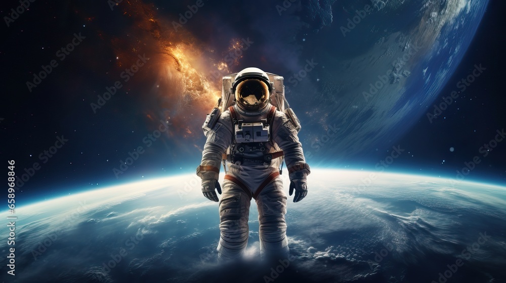 Astronaut on a rock surface with a space background. an astronaut ...