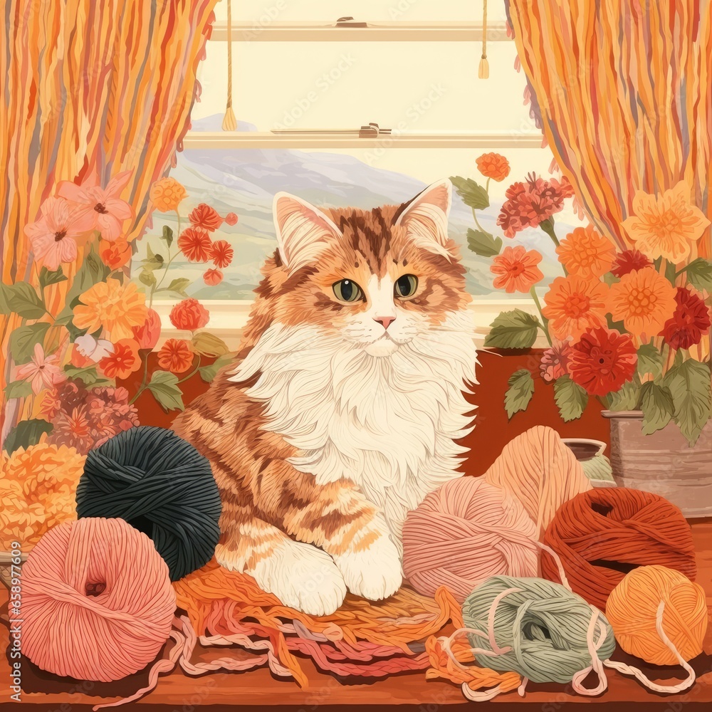 An illustration of a fluffy, furry, cat sitting on the table and ...