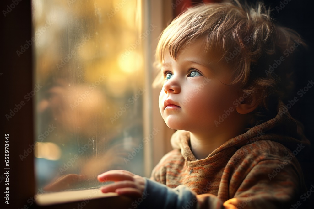 Cute little boy look at the window. Kid portrait. AI generated Stock ...